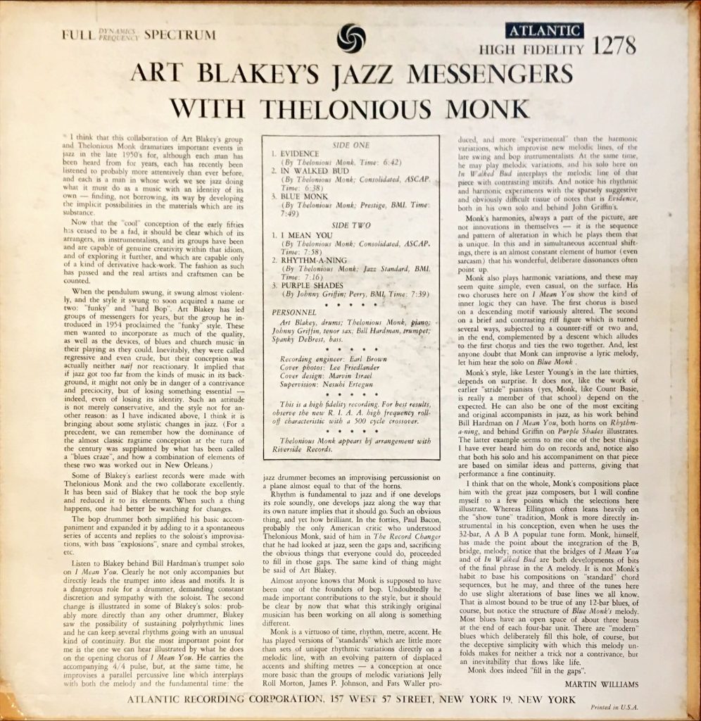 Art Blakey’s Jazz Messengers With Thelonious Monk LP Plak (İLK US MONO BASKI) – Deform Müzik